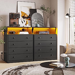 Hasuit Black Dresser with Charging Station, 4 Drawers LED Dresser for Bedroom, Chest of Drawers with Open Space, Large Capacity Tall Storage Cabinet, Black Dresser for Bedroom