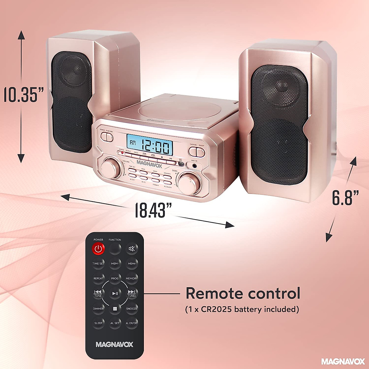 Magnavox MM435M-RG 3-Piece Compact CD Shelf System with Digital FM Stereo Radio, Bluetooth Wireless Technology, and Remote Control in Rose Gold | LCD Display | AUX Port Compatible |