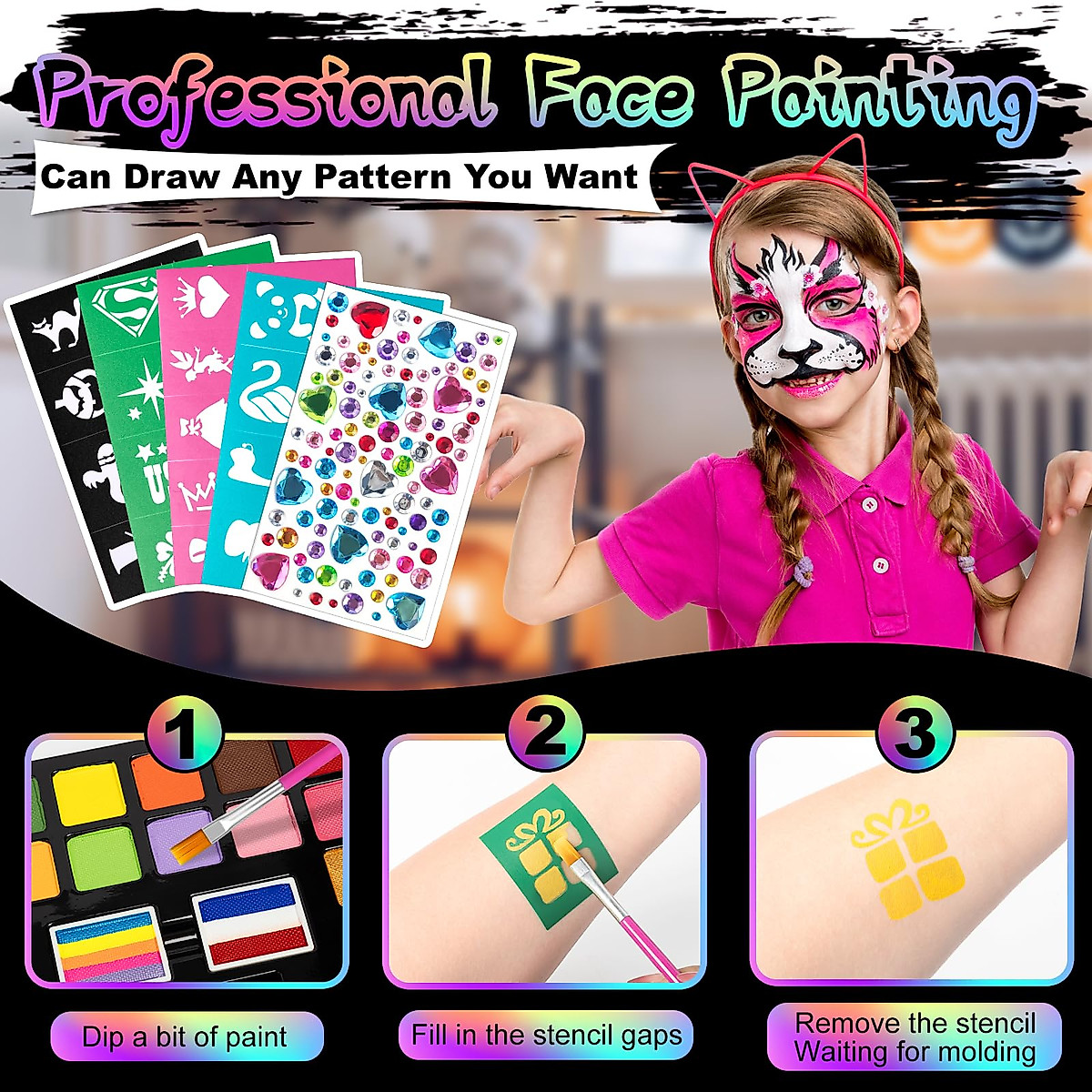 Fenmay Face Painting Kit for Kids, 24 Colors Washable Face Paint, Safe for Sensitive Skin, Non-Toxic Professional Face Painting Kit, Halloween Birthdays Makeup Set with Stencils, Guide Book