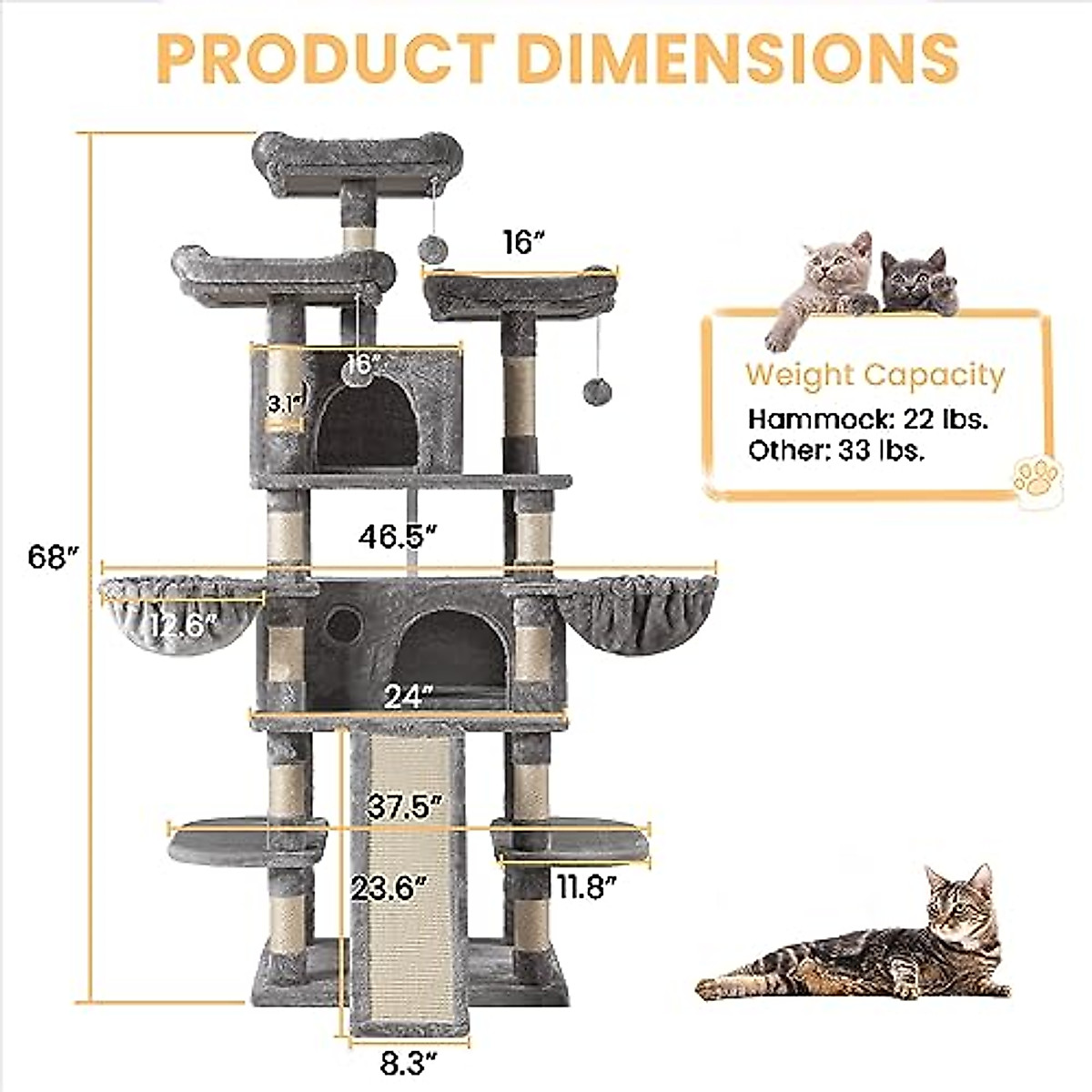 SHA CERLIN 68 Inches Multi-Level Large Cat Tree for Large Cats/Big Cat Tower with Cat Condo/Cozy Plush Cat Perches/Sisal Scratching Posts and Hammocks/Cat Activity Center Play House, Grey