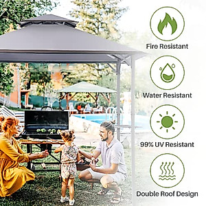 Easylee 8' x 5' Grill Gazebo for Outdoor BBQ, Steel Frame Gazebo with LED Lights and Hook, Double Tiered Barbecue Canopy Tent (Dark Grey)