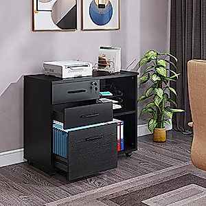 Wood File Cabinet, 3 Drawer Mobile Lateral Filing Cabinet On Wheels, Printer Stand with Open Storage Shelves for Home Office(Black)