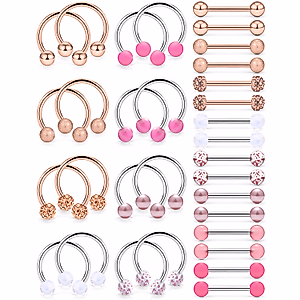 Ftovosyo 32Pcs Nipple Rings 14G Surgical Steel Tongue Nipplerings Barbell Bar Hoop Ring Piercing Jewelry for Women Men 14mm Rose Gold Pink Glow in The Dark Externally Threaded Ball
