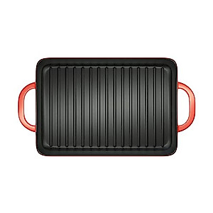Lodge 12.5 x 8 Inch Enamel Cast Iron Grill Pan - Dual Assist Handles - Use in the Oven, on the Stove, on the Grill, or Over a Campfire - Red