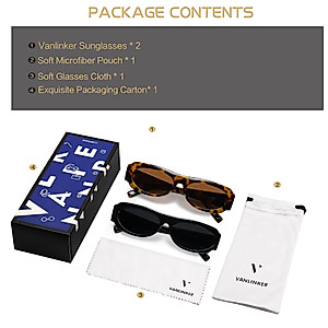 VANLINKER Trendy Black 90s Sunglasses Womens Mens Vintage Oval Frame Retro Polarized Narrow Shades VL9782 2Pack Black/Tortoise