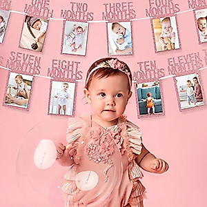 Whaline 1st Birthday Baby Photo Banner for Newborn to 12 Months, Monthly Milestone Photograph Bunting Garland, First Birthday Celebration Decoration (Rose Gold)