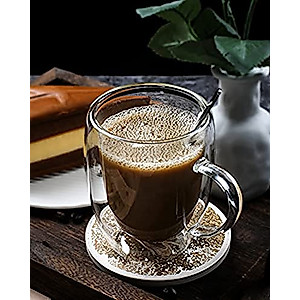 LIBWYS 2 Pack Double Walled Coffee Cups Glasses Mugs, 12oz Espresso Cappuccino Latte Tea Cups with Handle, Heat Resistant Borosilicate Clear Glasses 350ml
