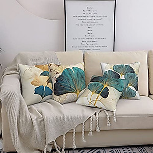 LOHDALOLF Teal and Gold Pillow Covers Set of 4 Turquoise Leaf Floral Pillow Cases Modern Simple Style Decorative Cushion Covers for Sofa Couch 18x18 Inch