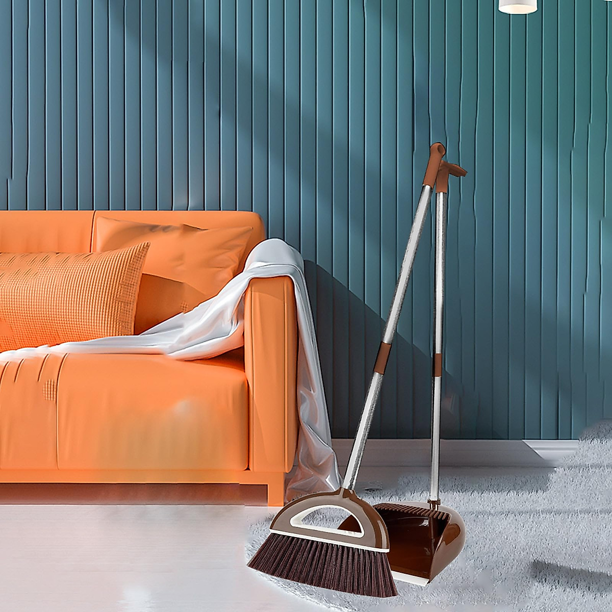 Brooms and Dustpan Set with 35" Long Handle, 181° Rotatable Standing Storage Buckle Type, Built-in Combs and Scraper, Lightweight & Robust, for Home, Kitchen, Room, Office, Floor Use