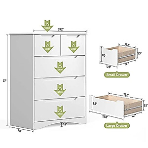 Gizoon 5 Drawers Chest, White Bedroom Drawer Dresser and Organizer with Large Storage Capacity, Embedded Handle, and Sturdy Anti-tripping Device, Modern Design Cabinet for Hallway, Office, Living Room