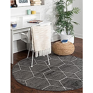 Unique Loom Trellis Frieze Collection Area Rug - Geometric (4' 1" Round, Dark Gray/ Ivory)