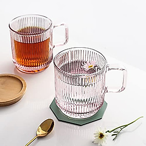 Lysenn Pink Glass Coffee Mug with Lid - Premium Classical Vertical Stripes Glass Tea Cup - for |Latte|Tea|Chocolate|Juice|Water| - Unleaded - Bamboo Lid - 12.5 Ounces