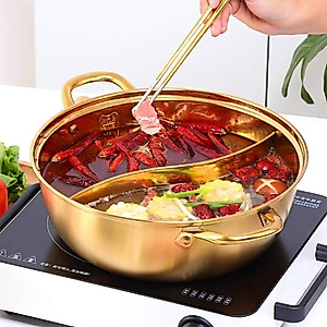 Color ME! 12 Inch 18/8 Stainless Steel Shabu Shabu Hot Pot with Divider Color Me Chinese Induction Shabu Shabu Pot with Glass Lid Dual Sided Stockpots (Gold)