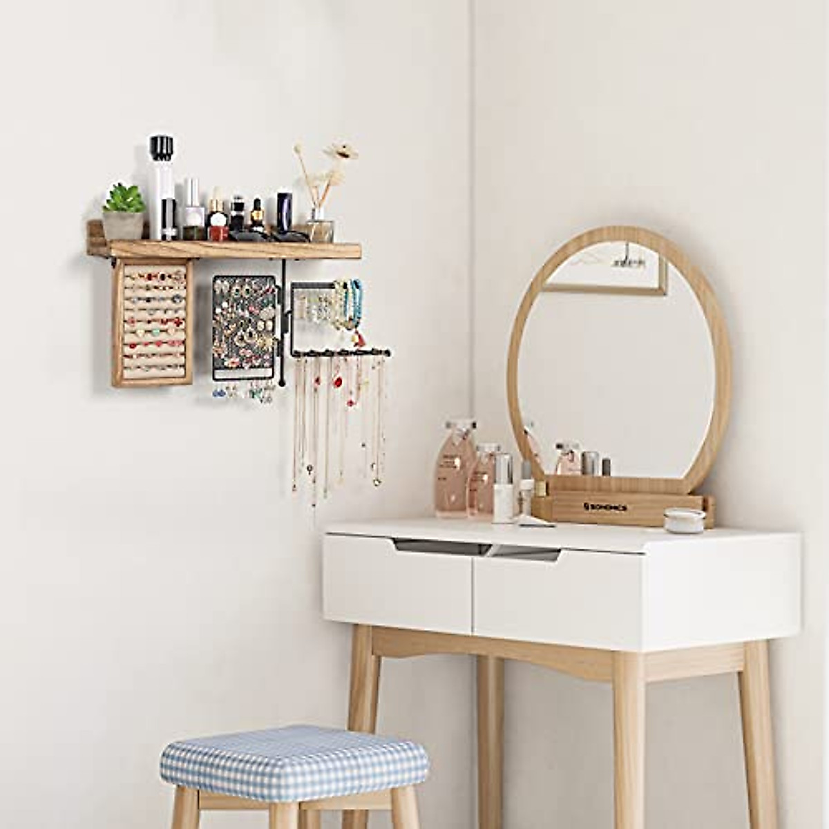 SOLIMINTR Hanging Jewelry Organizer Wall Mount Jewelry Holder with Rustic Wood Shelf, Ring Display Box, Ear Studs Earring Holder, Rotating Necklace Holder Organizer