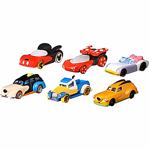 Hot Wheels Mattel Disney Toy Cars 6-Pack, Set of 6 Character Vehicles in Collectable Packaging: Mickey, Minnie, Pluto, Daisy, Donald & Goofy
