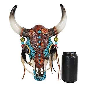Ebros Gift Southwestern Tribal Indian Dreamcatcher Feathers Turquoise Beads and Faux Tooled Floral Leather Steer Cow Skull Wall Head Decor Hanging Plaque Bison Buffalo Wild Animal Resin Figurine