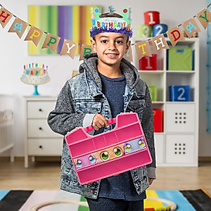 ASH BRAND DURABLE FIGURES CASE ORGANIZER BOX | Fits Up to 50 Mini Colleggtibles Eggs Toys Figurines, Miniature Characters Or Tiny figure| Large Compartments | Pink Carrying Case Box with Handle