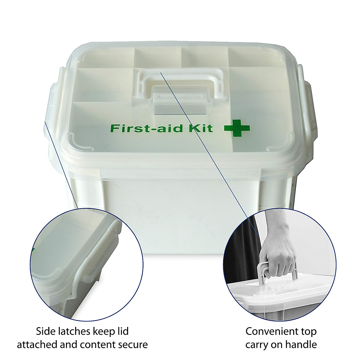 Portable handled medicine first aid box plastic medicine basic organizer holder. Family small safety emergency medical storage box kit travel, car, home, camping, office, vehicle + pill cutter (empty)