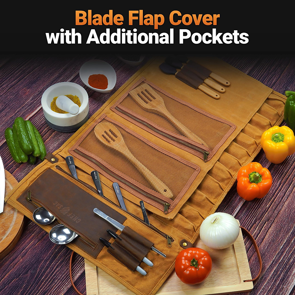 Chef Knife Roll Bag | 16oz ULTRA Wax Canvas & Top Grain Leather | 22 Slots & 4 Zipper Pouch | Double Stitch | Water-Resistant | Cleaver Pouch | Knife Organizer for Chefs and Culinary Students