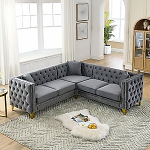Merax L-Shaped 82.2-inch Sofa Couch, Luxury Classic Chesterfield Velvet Corner Sofa, Button Tufted Upholstered Sectional Corner Sofa with 3 Pillows and Metal Legs, Grey