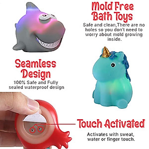 12 PCS Light Up Bath Toys with Duck Mesh Tub Storage Organizer, Toddler Flashing Color Changing LED Bathtub Mermaid Toy in Water for Kids