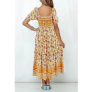 ZESICA Women's 2023 Summer Boho Floral Print Square Neck Ruffle Swing Beach Long Maxi Dress,Yellow,Medium