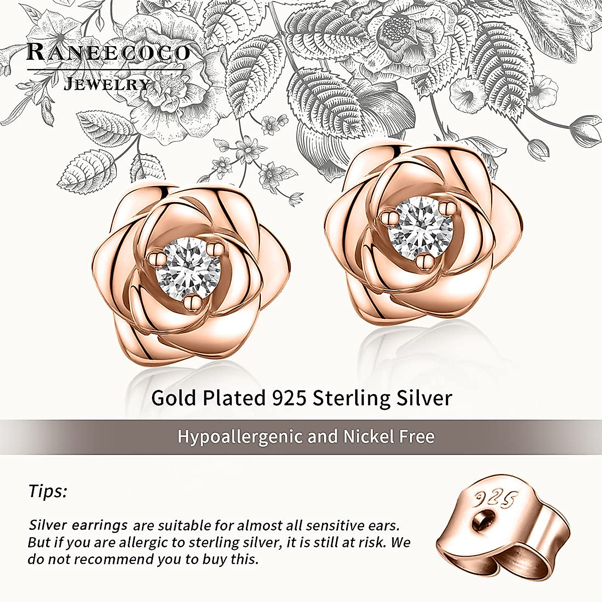 Rose Gold Plated Sterling Silver Rose Flower Earring Studs, Hypoallergenic & Nickel Free Earrings for Women