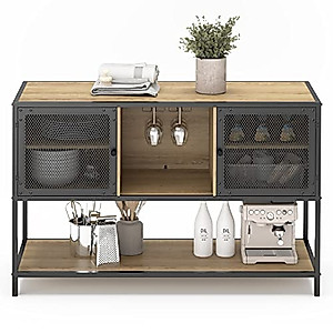 WiberWi Storage Cabinet Sideboard Coffee Bar Cabinet, Farmhouse Buffet Station with Glasses Rack, Credenza Cupboard ConsoleTable for Entryway Kitchen Dining Living Room, Brown