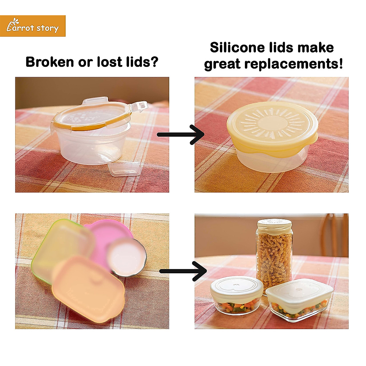 Carrot story Silicone Reusable Stretch Lids, Multipack of 10, BPA Free Reusable Stretch lids for Food Cans, Jars, Bowls, Fruits, and Vegetable, Microwave and Freezer Compatible