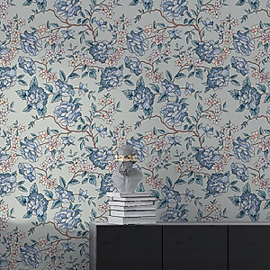 KAMTAIVOY Peel and Stick Wallpaper Blue Floral Contact Paper Removable Self-Adhesive Waterproof Flower Wallpaper Wall Mural Decoration 15.71inch x 118.1inch for livingroom Bedroom Wallpaper