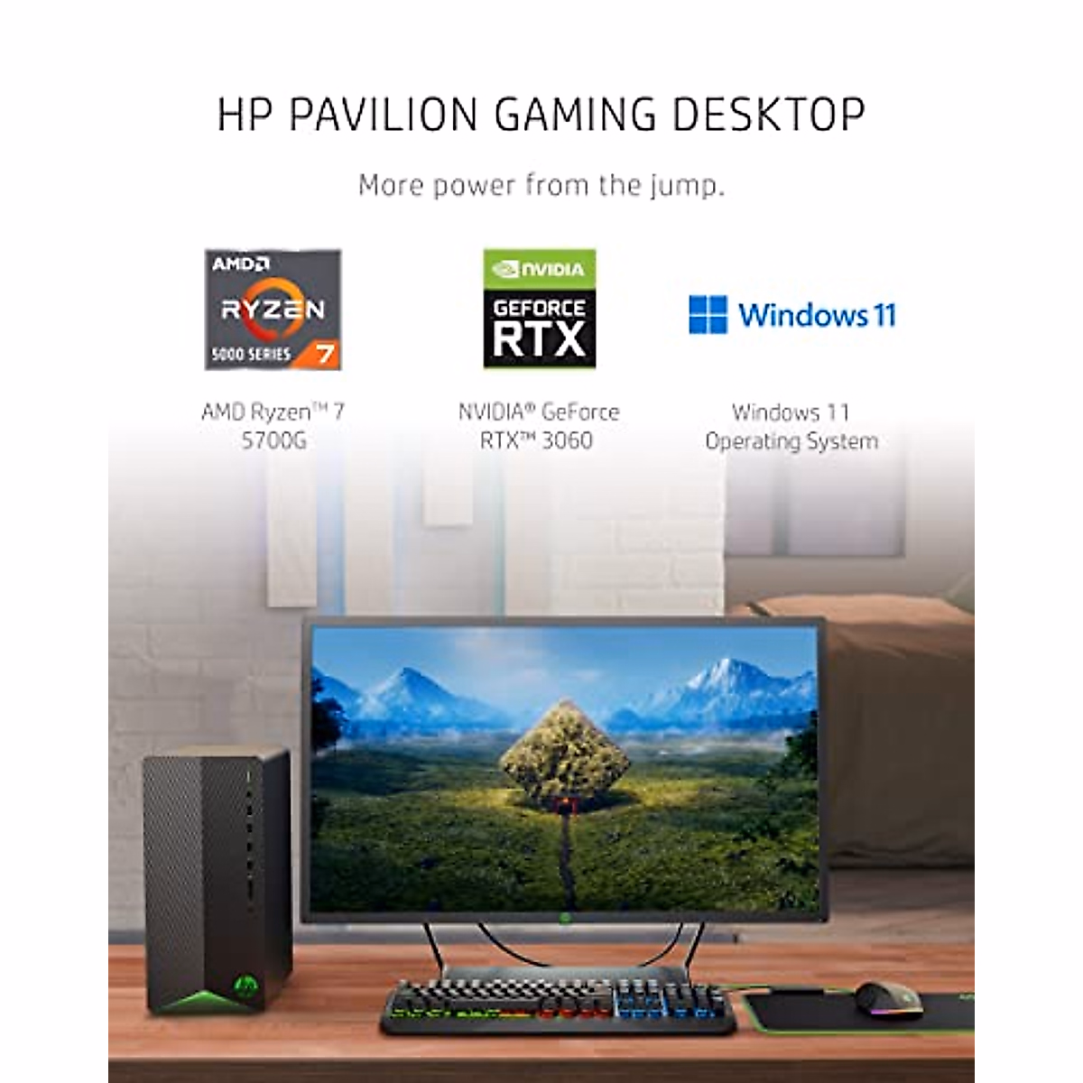 HP Pavilion Gaming PC, AMD Ryzen 7 5700G Processor, 16 GB SDRAM, 512 GB SSD, Windows 11 Pro, Wi-Fi 5 & Bluetooth Combo, 9 USB Ports, Pre-built Gaming PC Tower, Mouse and Keyboard (TG01-2360, 2021)