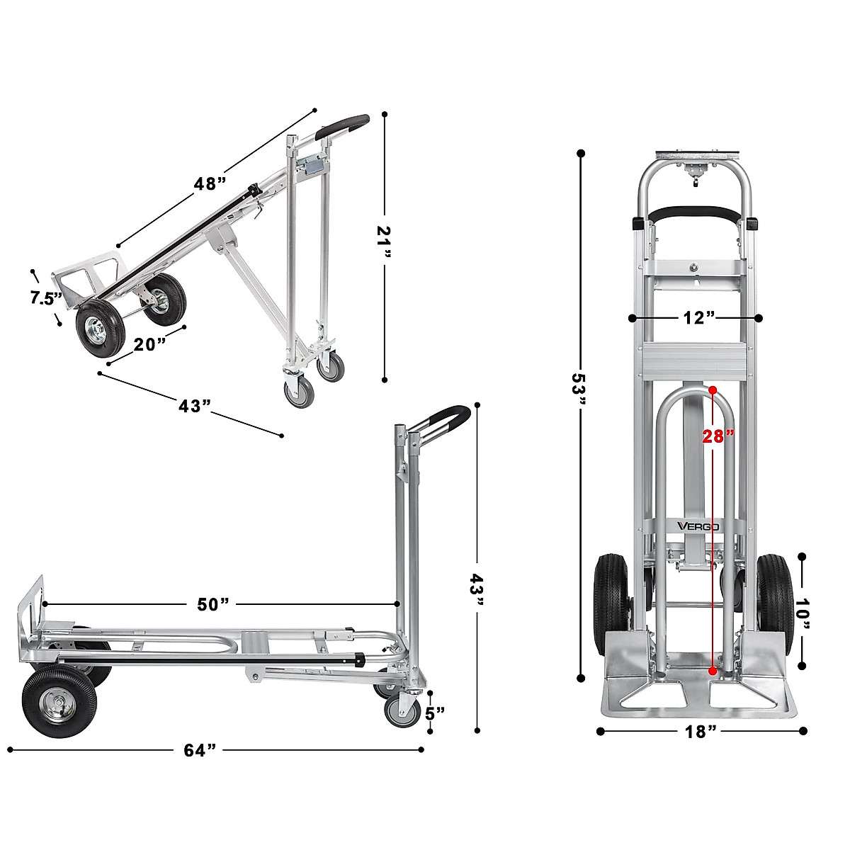 Vergo Industrial AS7A2 Aluminum Convertible Hand Truck Dolly Cart with Loop Handle 700 lbs Capacity (3 Positions, 53" High)