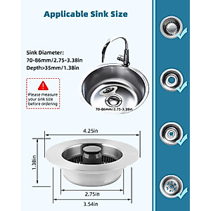 3 in 1 Universal Kitchen Sink Stopper Strainer, 304 Stainless Steel Pop Up Sink Drain Strainer with Handle Rod for US Standard 3-1/2 inch Drain Filter, Anti-Clog