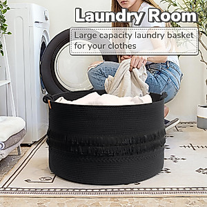 CherryNow Extra Large Black Laundry Basket, Rope Storage Basket for Bathroom, Bedroom, Living room, Entryway, Big Blanket Basket for Pillows, Toys, Clothes, 22 x 14 inches
