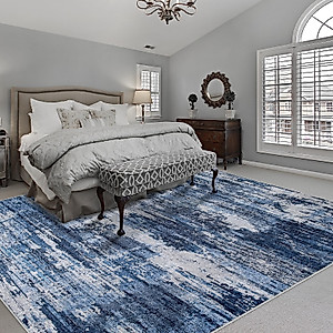 Area Rugs 9x12 Living Room: Large Machine Washable Area Rug with Non Slip Backing Non Shedding Abstract Stain Resistant Carpet for Bedroom Dining Room Nursery Home Office - Beige/Blue