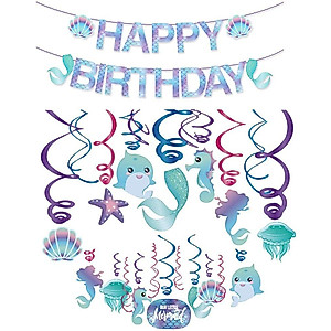 Happy Birthday Banner Mermaid Pre-assembled, Mermaid Birthday Decoration for Girls, Mermaid Party Supplies for Mermaid/Under The Sea Animal Themed Birthday Party, Baby Shower