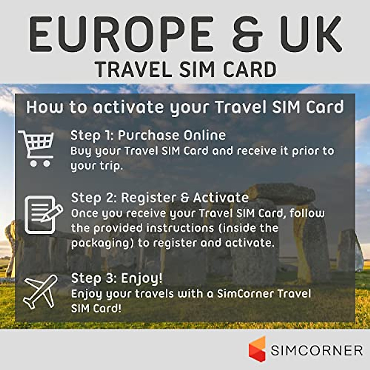 Europe UK Travel SIM Card (12 GB, 30 Days). Prepaid SIM Card w/Data & Unlimited SMS & Minutes to EU & UK Numbers. 3-in-1 Tethering/Hotspot Card. Standard, Micro, & Nano SIM Card for Unlocked Phones