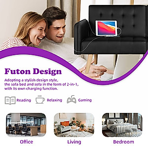 TYBOATLE Faux Leather Convertible 65'' Folding Futon Sofa Bed w/ 2 USB, Loveseat for Small Space, Apartment, Dorm, Living Room, Office, Black