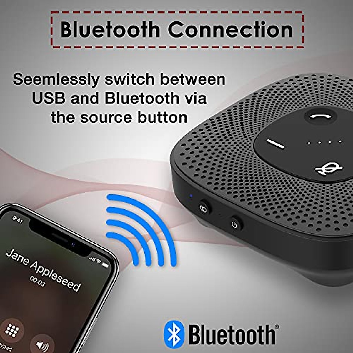 CA Essential Speakerphone SP-2000 - USB and Bluetooth Speakerphone, Clear Sound, 360 Degree Noise Cancelling Microphone with 3m Range, 66 Ft BT Wireless Range, by Cyber Acoustics