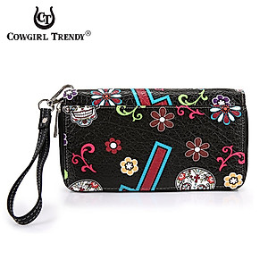 Cowgirl Trendy Western Purse Sugar Skull, Cross Clutch Wallet Day of the Dead Wristlet, Black