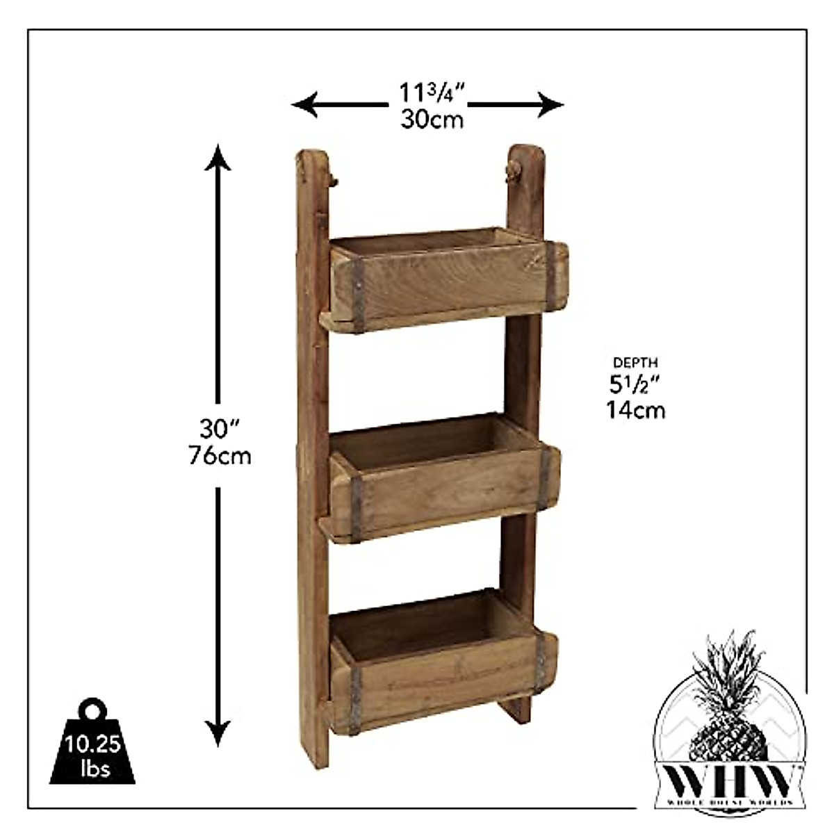 WHW Whole House Worlds Rustic Wall Hanging Shelves, 3 Brick Box Wall Rack, Recycled Wood, 5.5 Wide x 11.75 Long x 30 Inches Tall, 10.25 lbs
