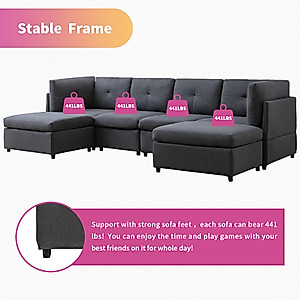 FRETSAE Modular Sectional Sofa, Convertible U Shaped Sofa Couch with Removable Ottomans, Button Tufted Design, 6 Seats Modular Sectional Couch for Living Room, Dark Grey