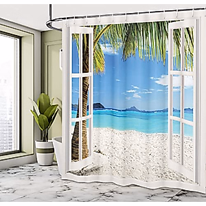 Ambesonne Turquoise Shower Curtain or Backdrop Tropical Palm Trees on Island Ocean Beach Through Wooden Windows Cloth Fabric Decor Set with Hooks for Home Dorm Bathroom 69" W x 75" L Blue Green White