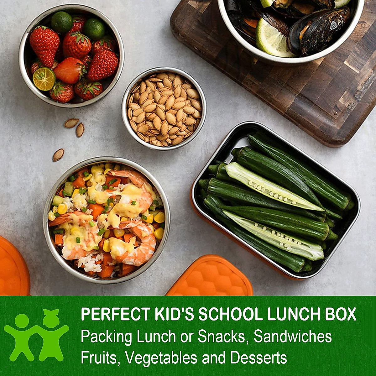 AORAKI Stainless Steel Containers with Lids, Lunch Box Container with Leak Resistant Silicone Lid, Food Storage Bento Box for Snacks, Sandwiches, Fruits, Vegetables, 25oz