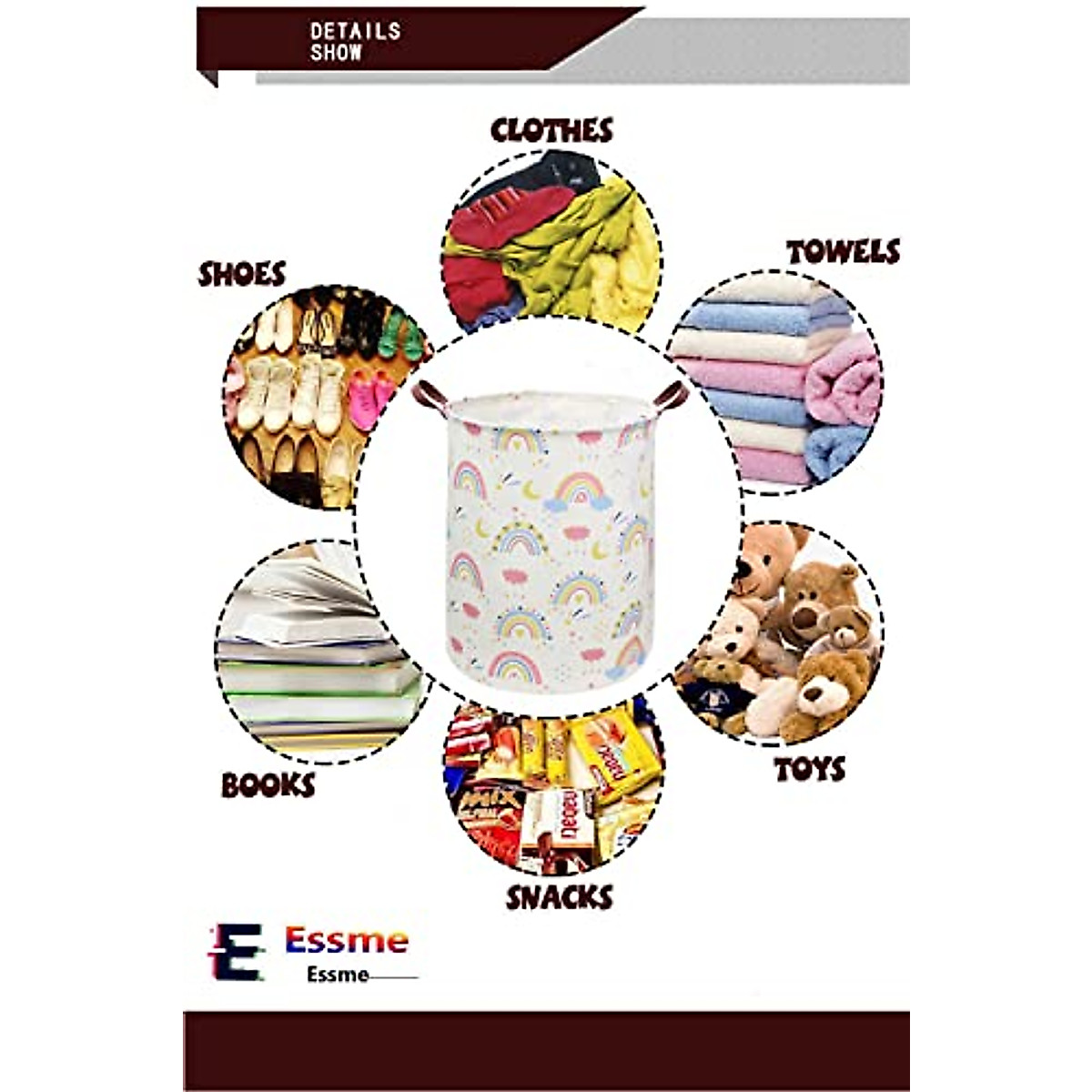 ESSME Rainbow laundry basket,Collapsible Kids Laundry Hamper with Waterproof PE Coating,Girls Hamper Nursery Hamper for Girls Room Decor,Toy storage,Gift Basket.(Rainbow)