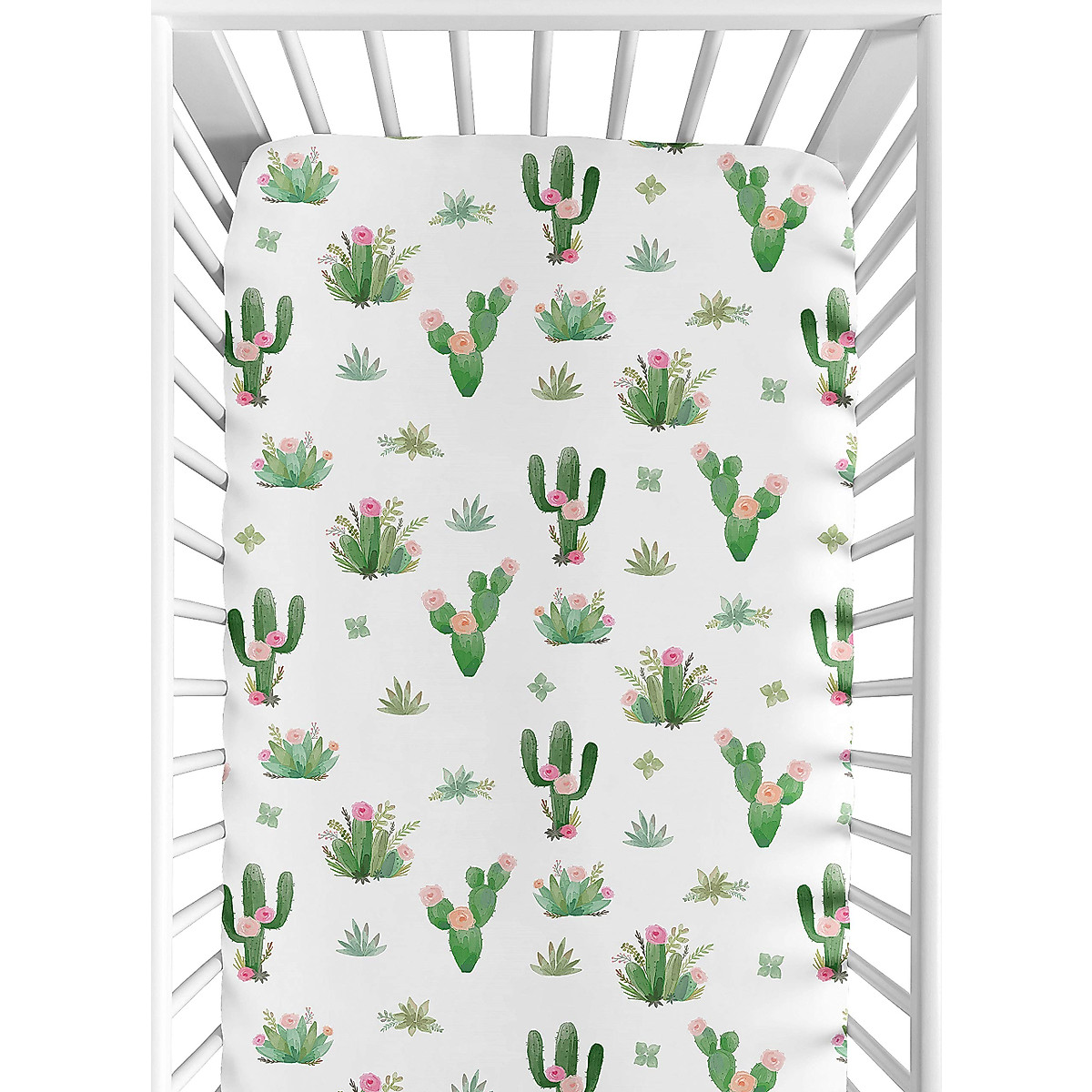 Sweet Jojo Designs Pink Green Cactus Floral Girl Baby Fitted Crib Sheet Set Nursery Soft Infant Newborn Fits Standard Mattress or Toddler Bed - 2pc - Boho Bohemian Watercolor Shabby Chic Desert