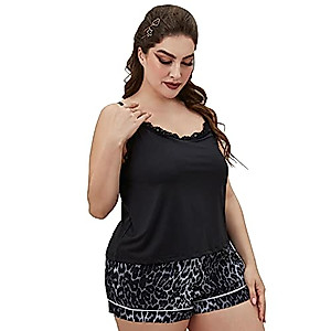 ebukurty Women Plus Size Cami Leopard Shorts Set Sexy Lace Pajama Sets Sleepwear