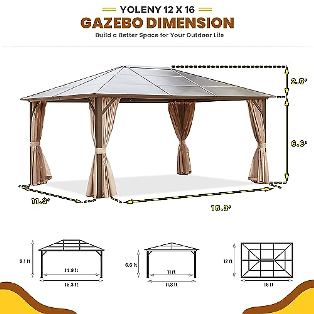 YOLENY 12'x16' Hardtop Gazebo, Outdoor Polycarbonate Roof Canopy, Aluminum Frame Permanent Pavilion with Curtains and Netting, Sunshade for Garden, Patio, Lawns