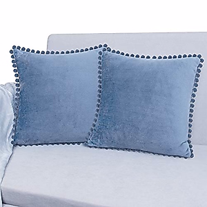 PAVILIA Dusty Blue Throw Pillow Covers, 20x20, Set of 2, Pom Pom | Decorative Velvet Cushion Covers for Sofa Couch Bed | Light Slate Blue Fleece Accent Pillow Case Pompom