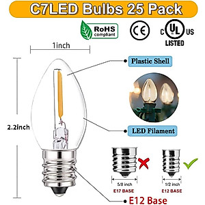C7 LED Replacement Christmas Light Bulb, 25 Pack C7 Shatterproof LED Bulbs for Christmas Outdoor String Lights, E12 Candelabra Base, Commercial Grade Holiday Bulbs, Warm White